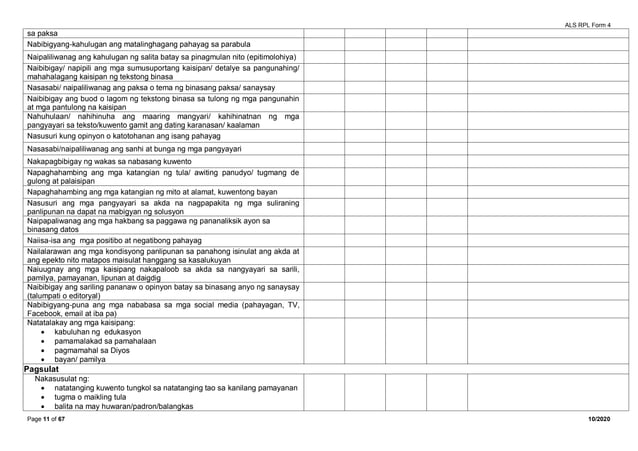 RPL Form 4 - JHS Learner_s Checklist of Competencies.pdf | Education