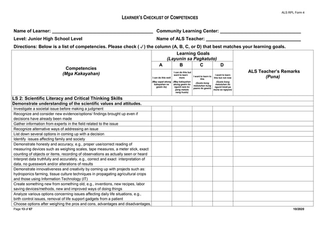 RPL Form 4 - JHS Learner_s Checklist of Competencies.pdf | Education