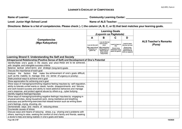 RPL Form 4 - JHS Learner_s Checklist of Competencies.pdf | Education