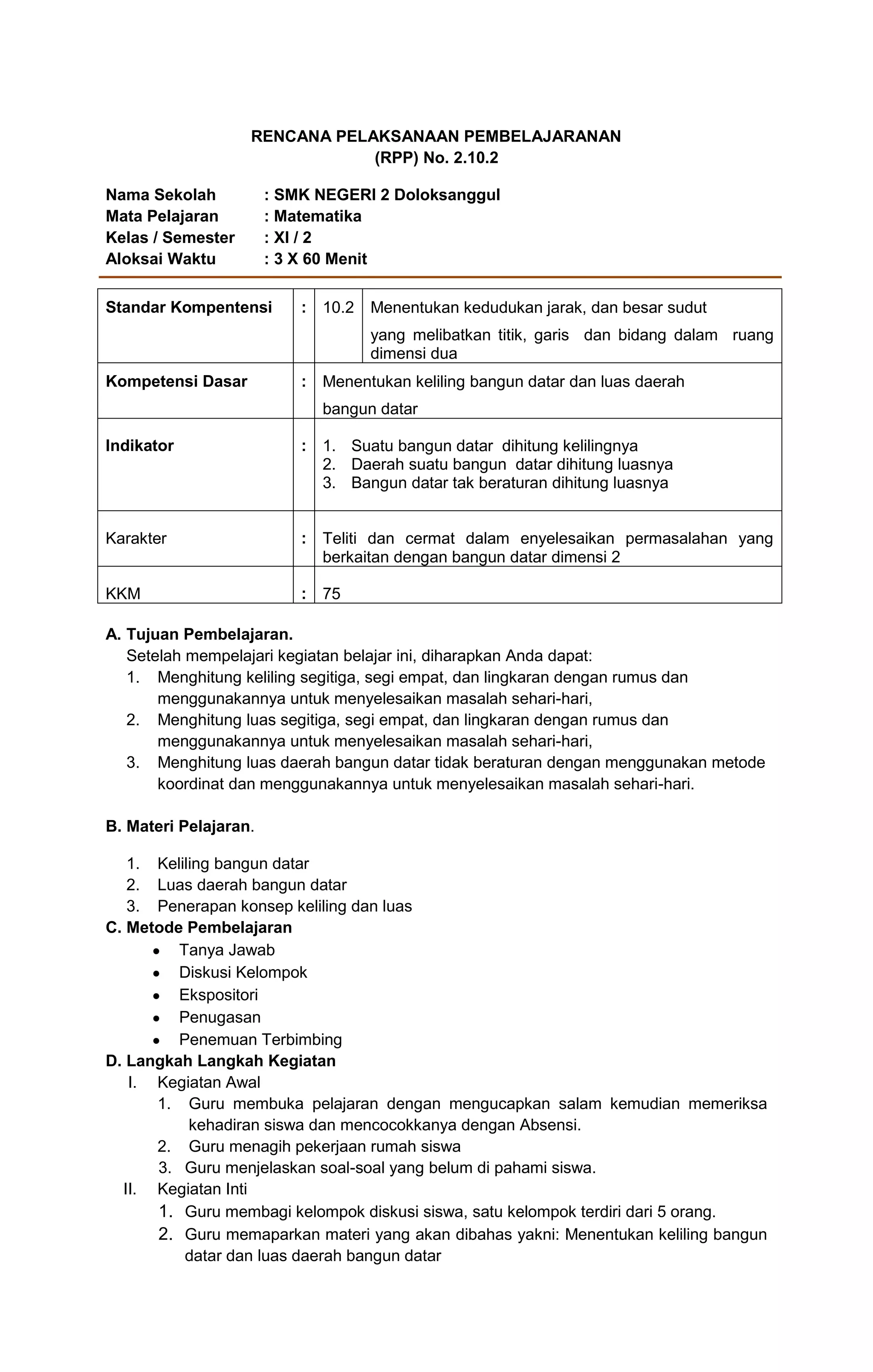 Rpp. 10.2 keliling dan luas daerah bangun datar | DOCX