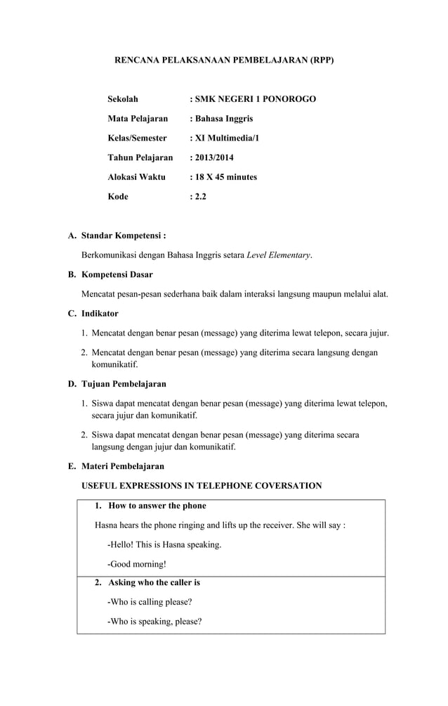 Rencana Pelaksanaan Pembelajaran (RPP) | PDF