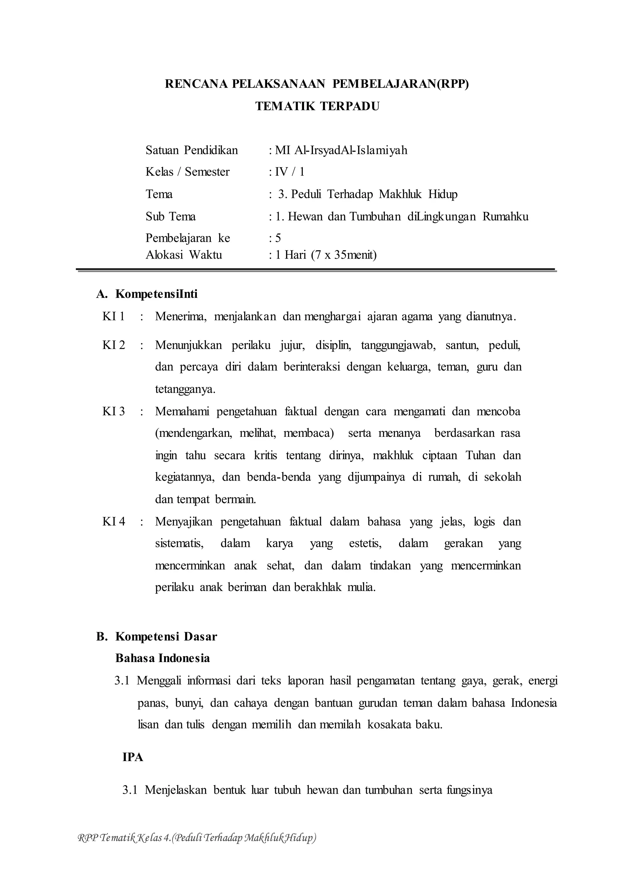 RPP Kelas 4 Tema 3 Subtema 1 Pembelajaran 5 | PDF