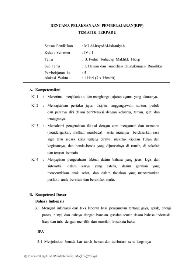 RPP Kelas 4 Tema 3 Subtema 1 Pembelajaran 5 | PDF