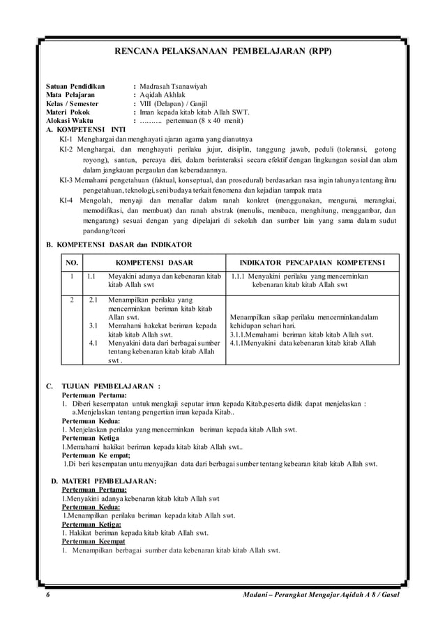 Rpp Aqidah Akhlak kelas 8 | DOCX