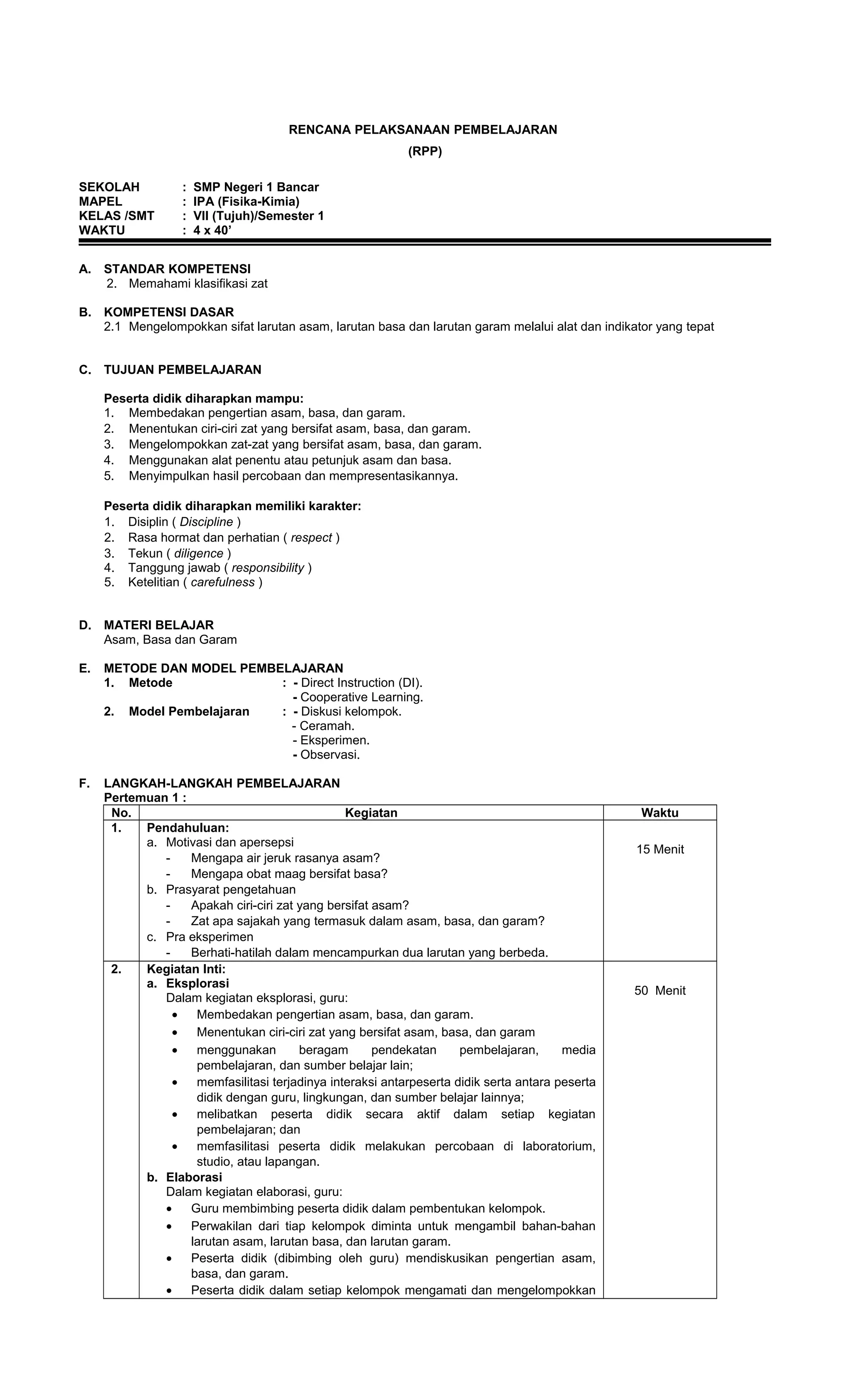 Rpp.IPA - Fisika- SMP Kelas 7 Semester 1 K.D- 2.1.mengelompokkan sifat larutan asam, larutan ...