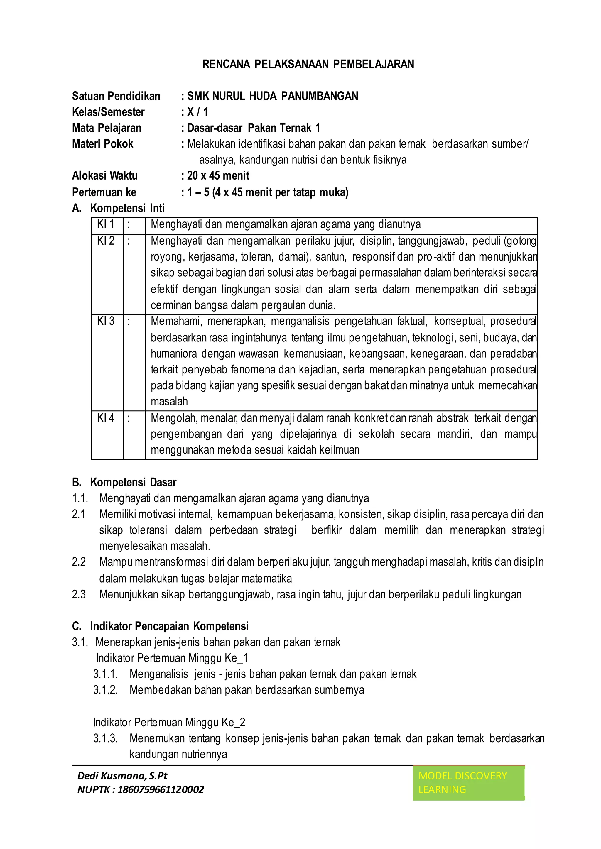Rpp dasar-pakan-ternak-1 model discovery learning smk nh | DOCX