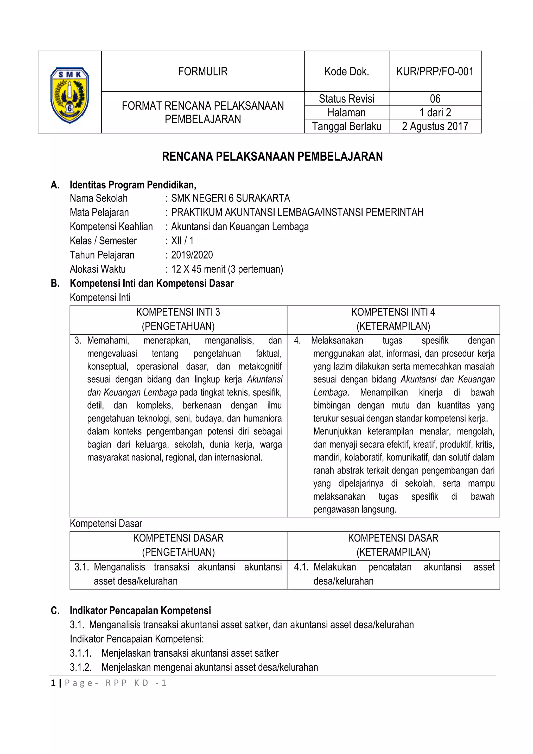 Rpp kd 1 akt lembaga aploud | PDF