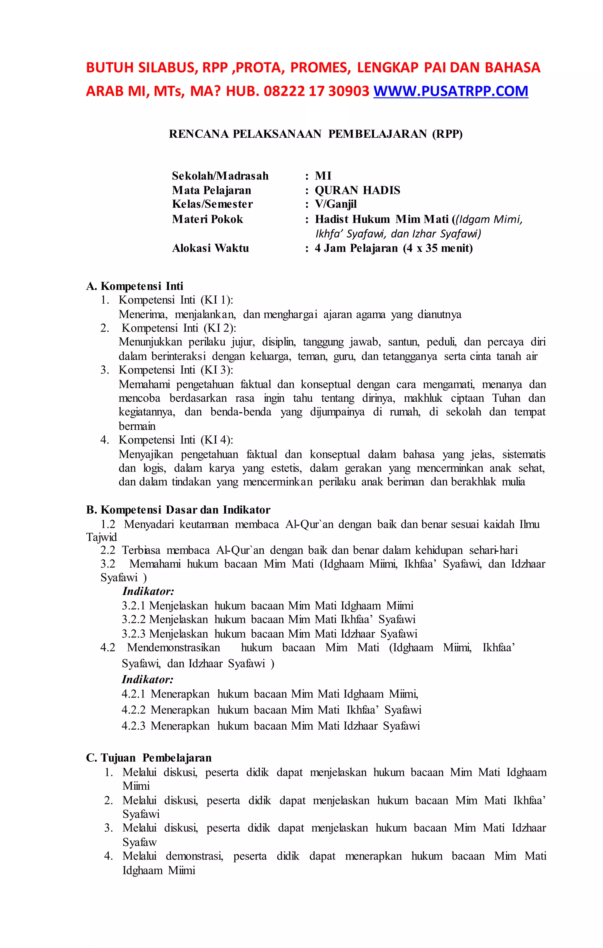 RPP Quran Hadis Kelas 5 MI Kurikulum 2013 | DOCX
