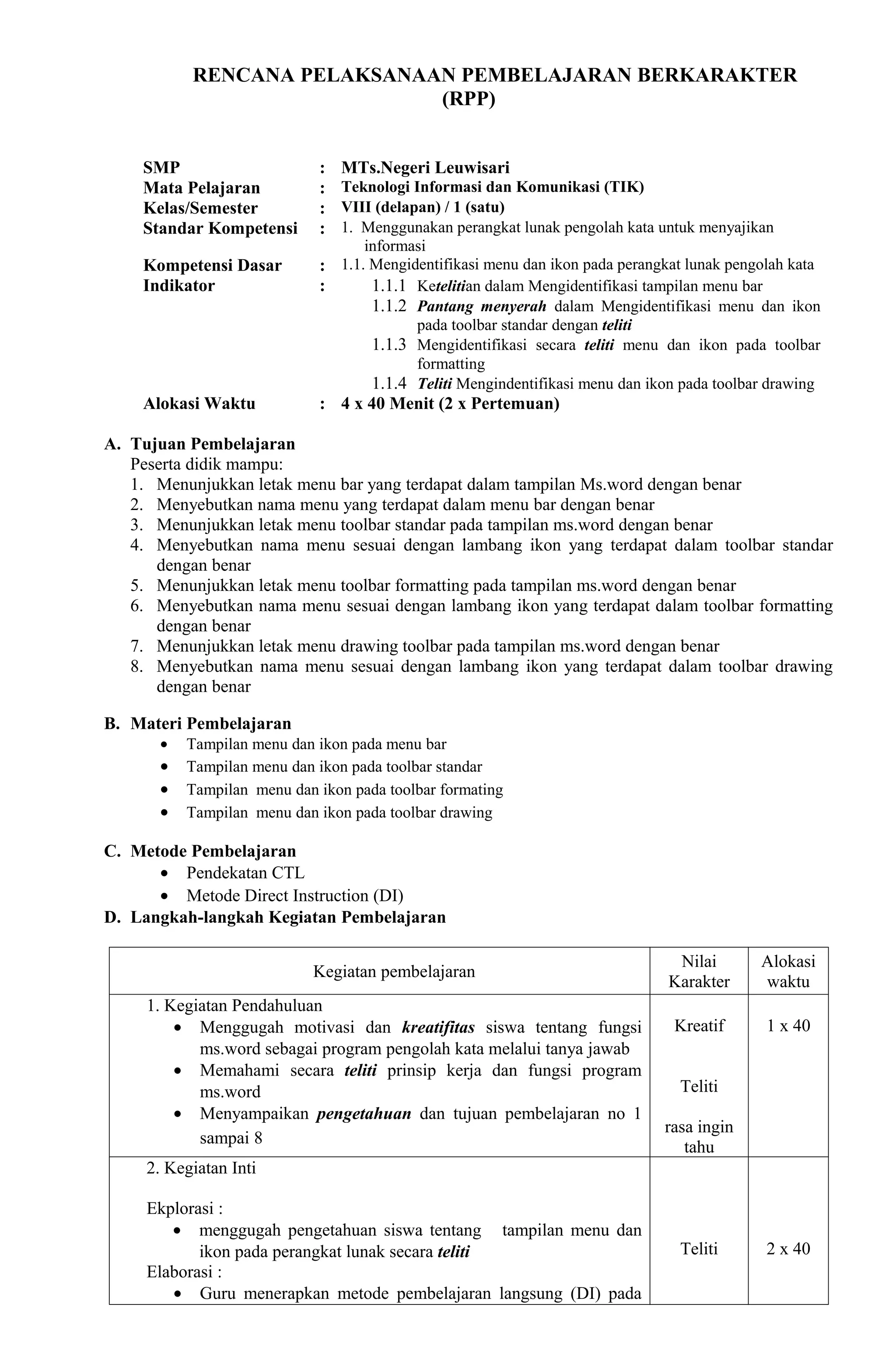Rpp tik-berkarakter-kelas-8-sem-i1 | PDF