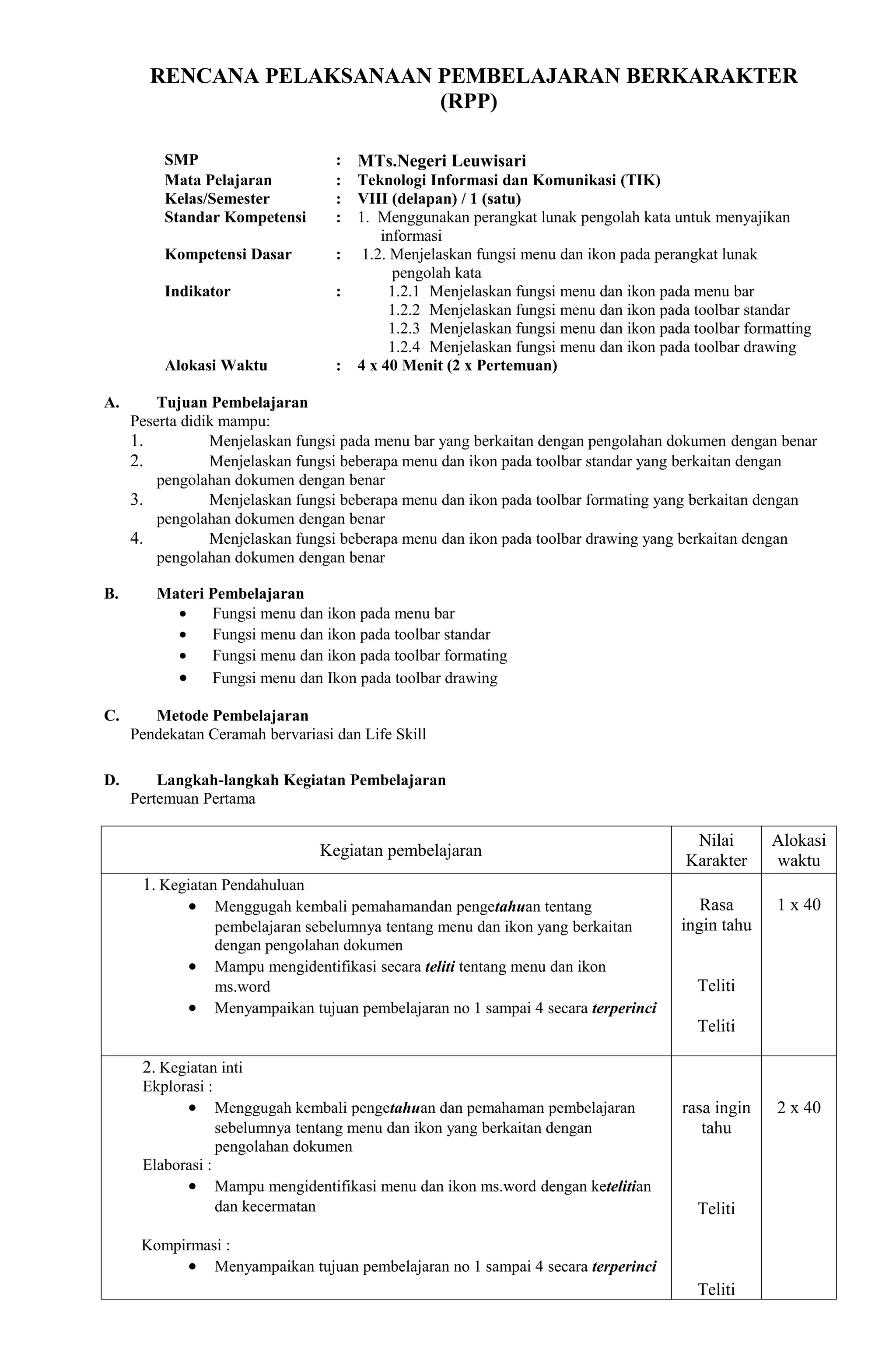 Rpp tik-berkarakter-kelas-8-sem-i1 | PDF