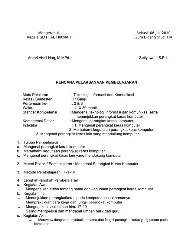 RPP TIK Kelas 1 SD | PDF