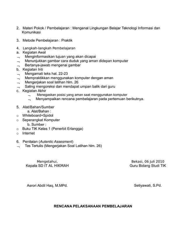 RPP TIK Kelas 1 SD | PDF