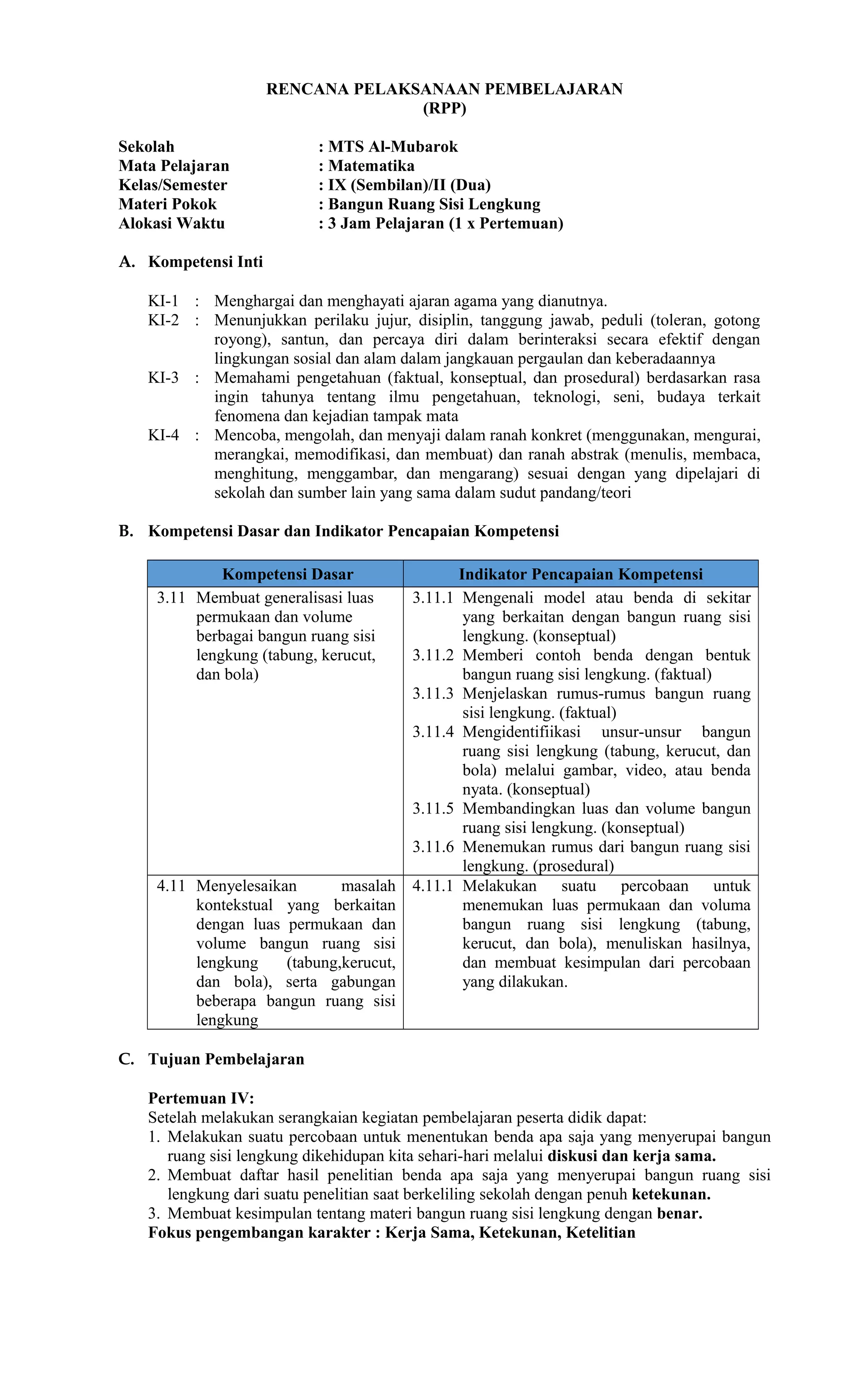 RPP - Unsur-Unsur Bangun Ruang Sisi Lengkung | DOC