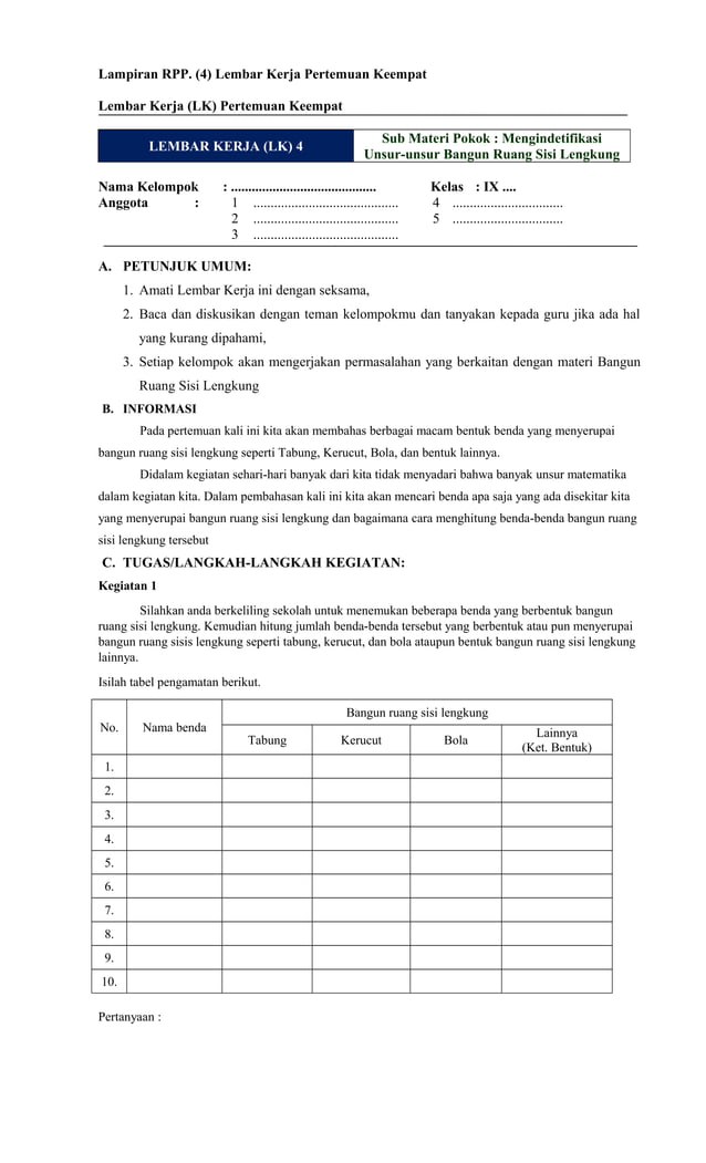 RPP - Unsur-Unsur Bangun Ruang Sisi Lengkung | PDF
