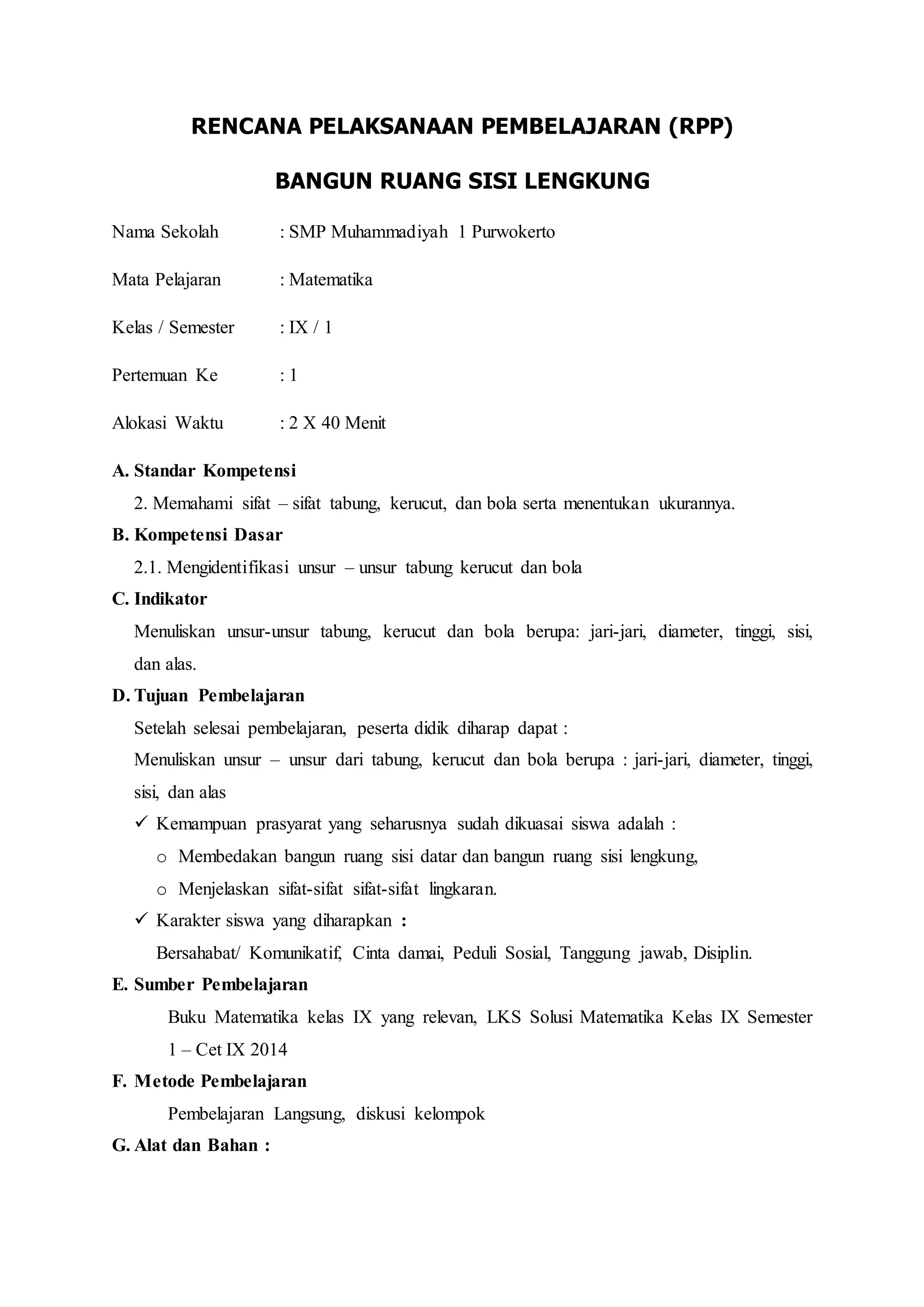 Rpp 1 bangun ruang sisi lengkung | PDF