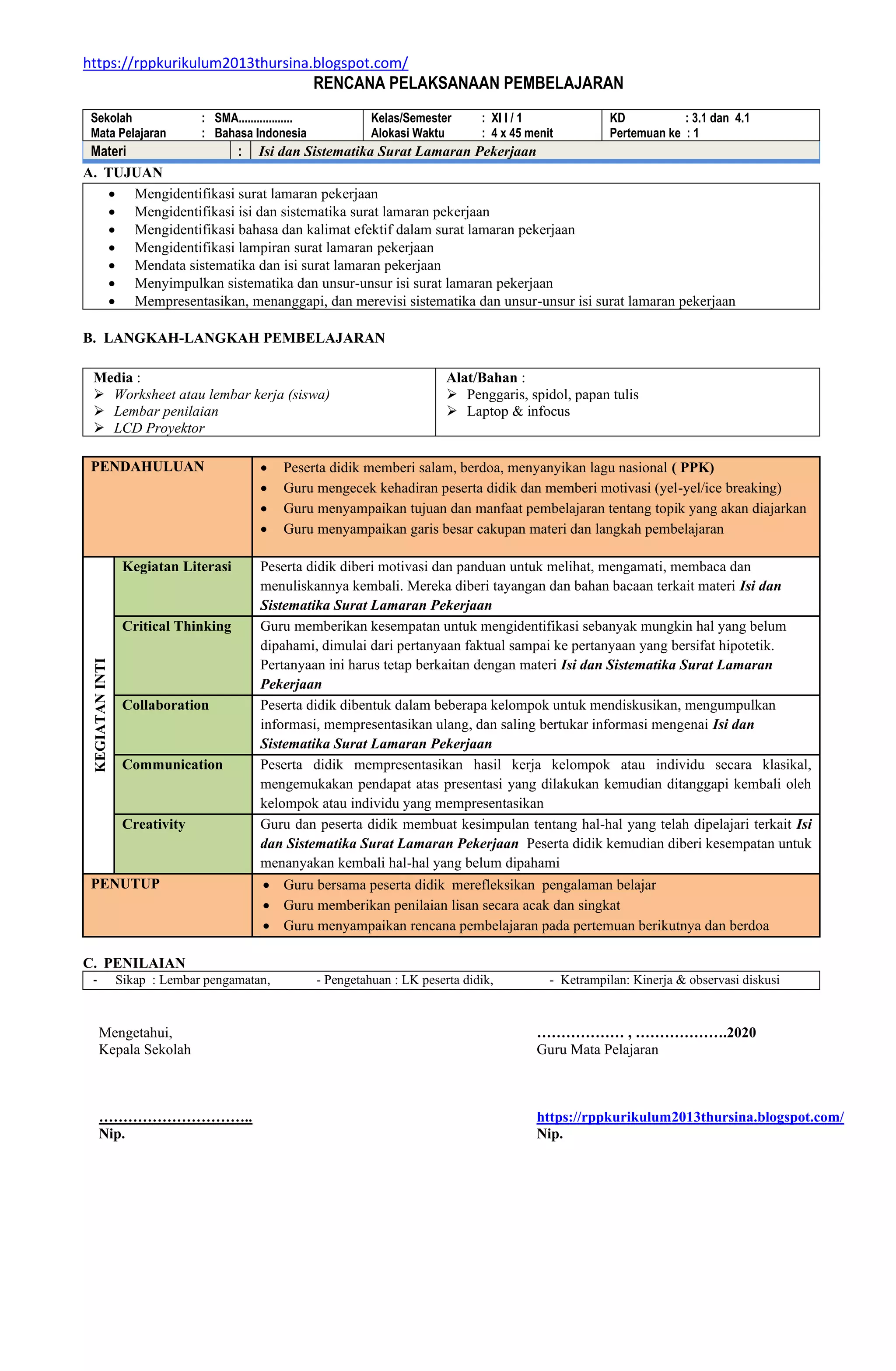 Rpp 1 lembar bahasa indonesia kelas xii | PDF