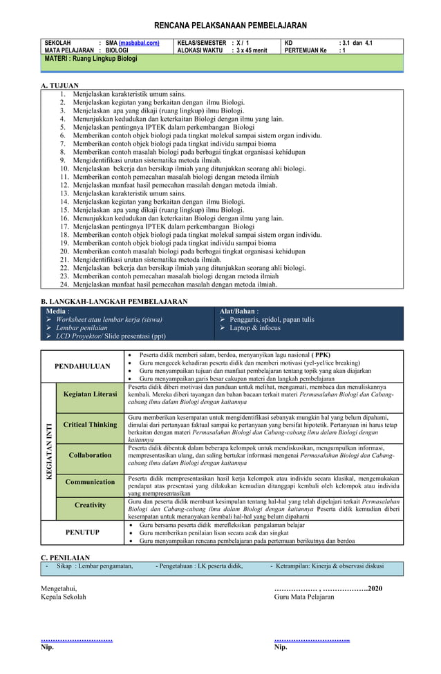 RPP 1 Lembar Biologi Kelas X KD 3.1 - 4.1.pdf
