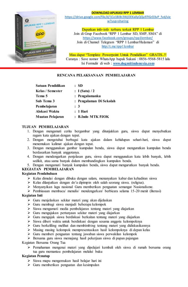 Rpp 1 Lembar Kelas 1 Tema 5 Subtema 3 P3 Doc