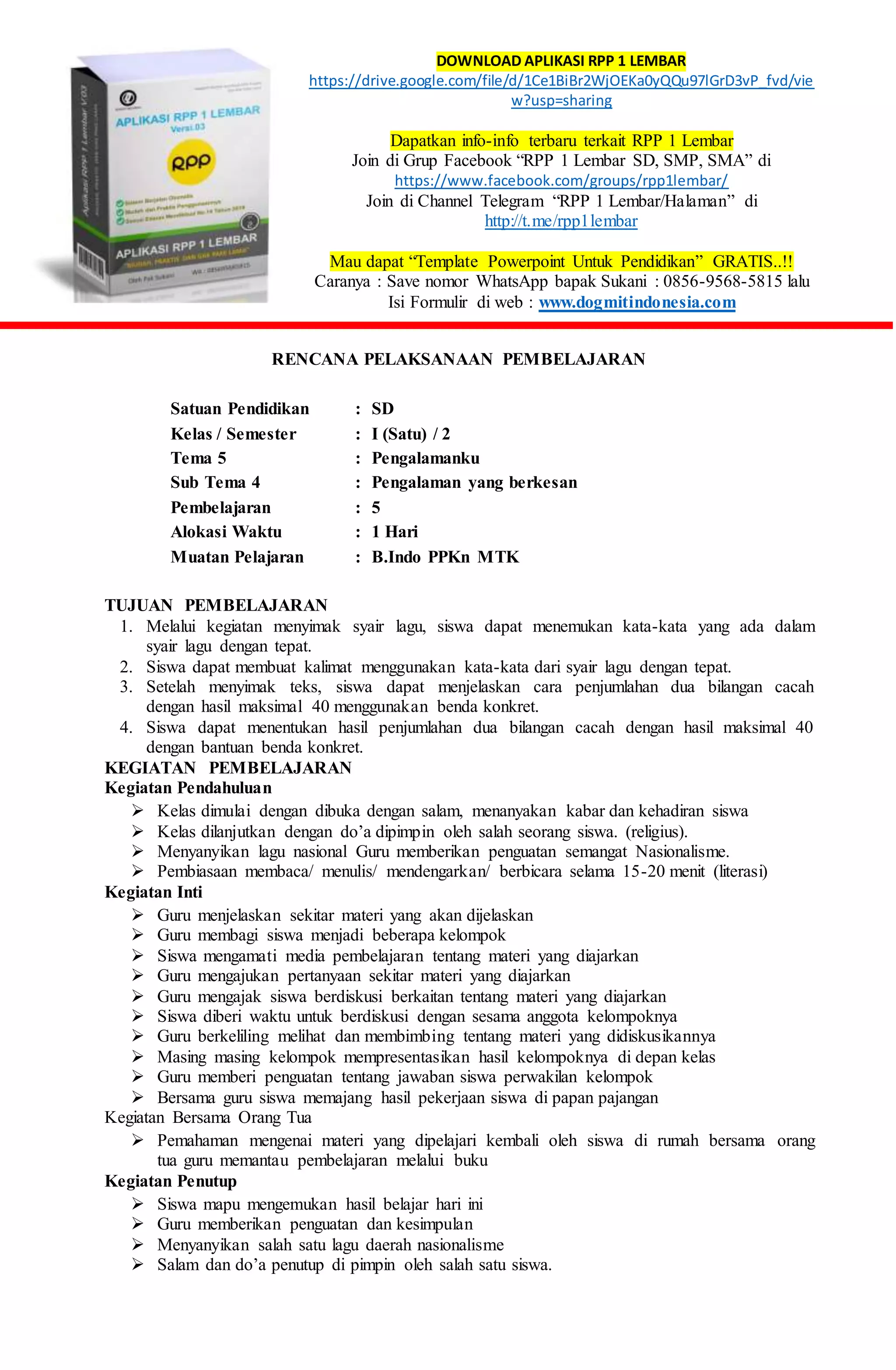 Rpp 1 lembar kelas 1 tema 5 subtema 4 p5 | PDF