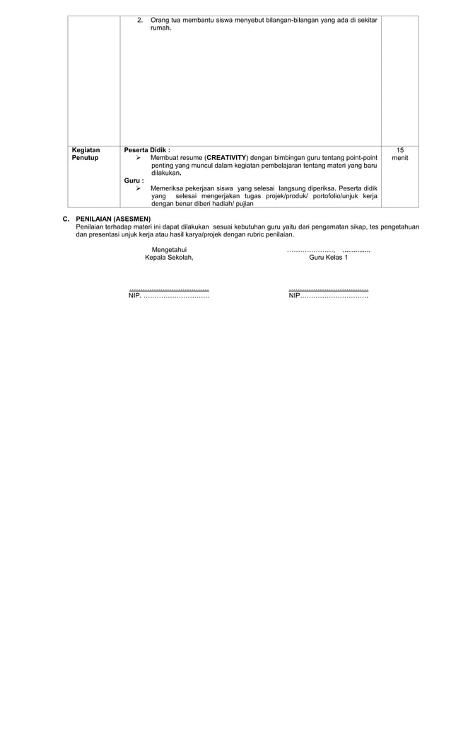 Rpp 1 lembar kelas 2 semester 1 | PDF