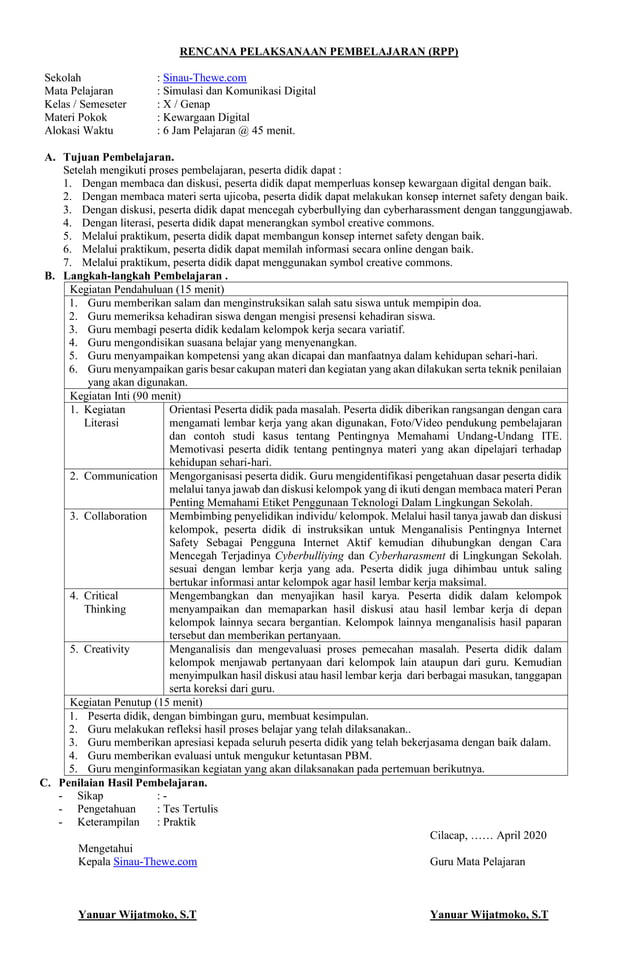 Rpp 1 lembar simulasi dan komunikasi digital semester genap 2020 2021 | PDF