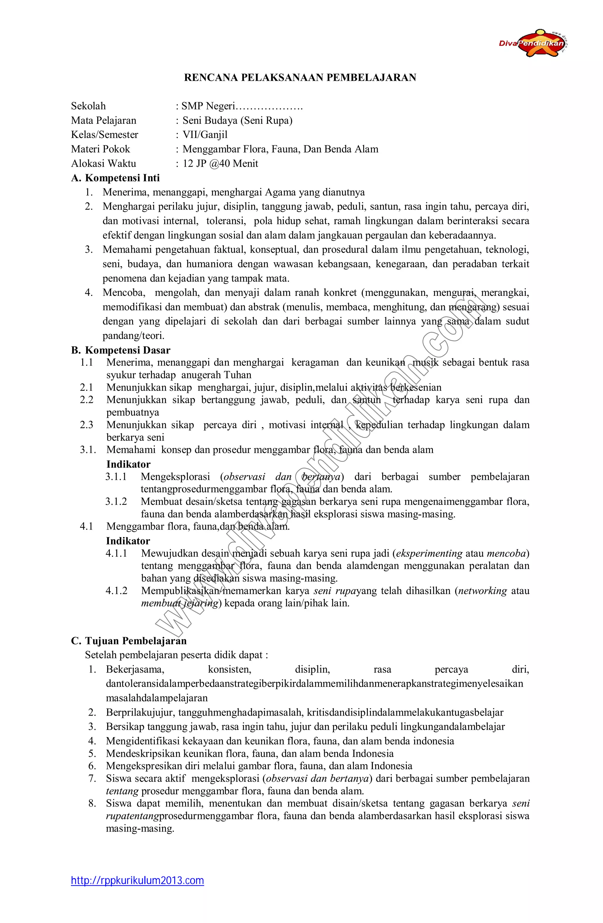 Rpp 1 seni budaya seni rupa kelas 7 smp kurikulum 2013 | PDF