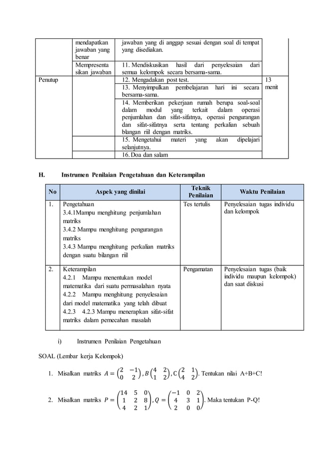 RPP OPERASI MATRIKS( penjumlahan, pengurangan, perkalian dengan sebuah ...
