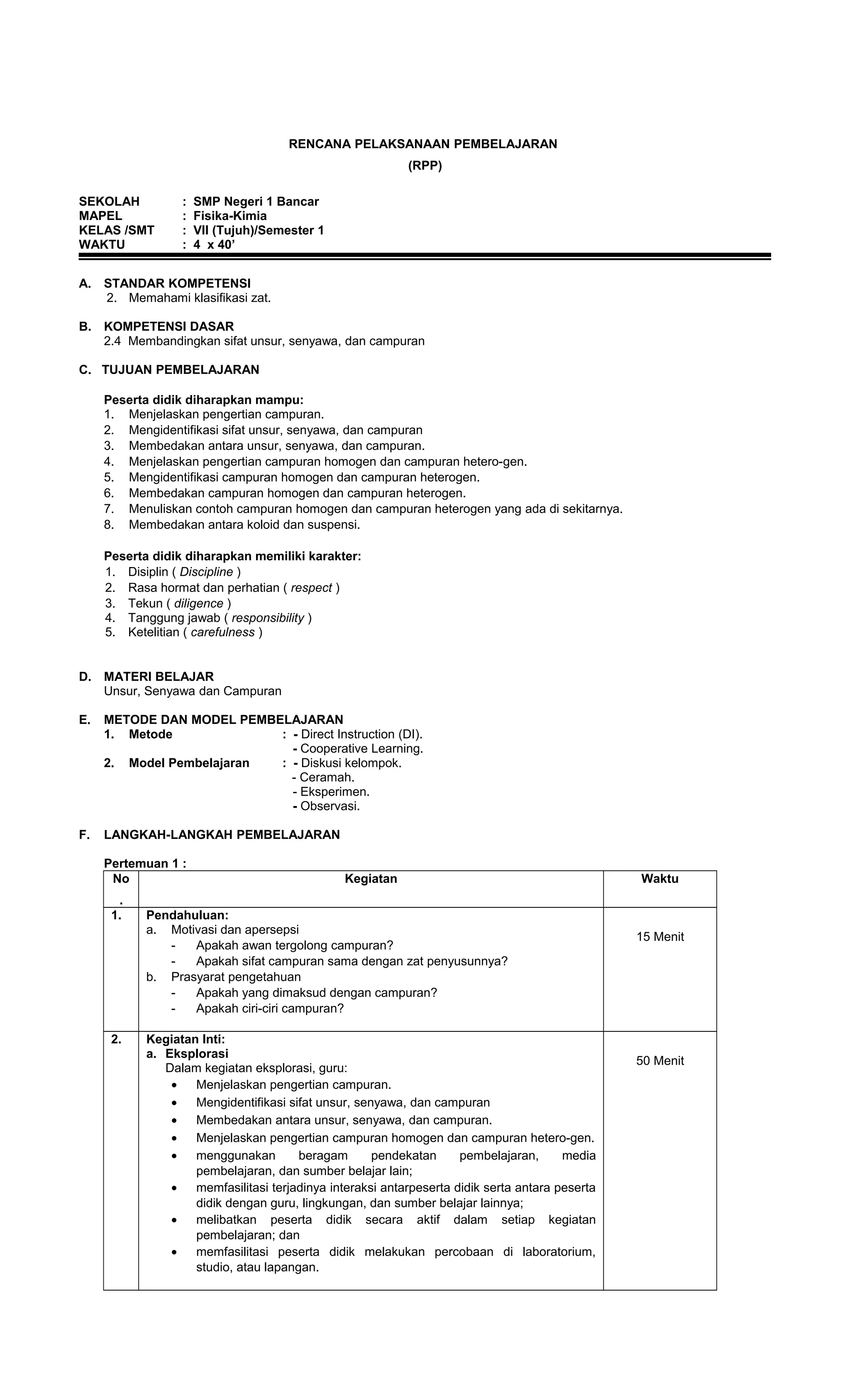 Rpp IPA - Fisika- SMP Kelas 7 Semester 1 K.D-2.4 membandingkan sifat unsur, senyawa, dan ...