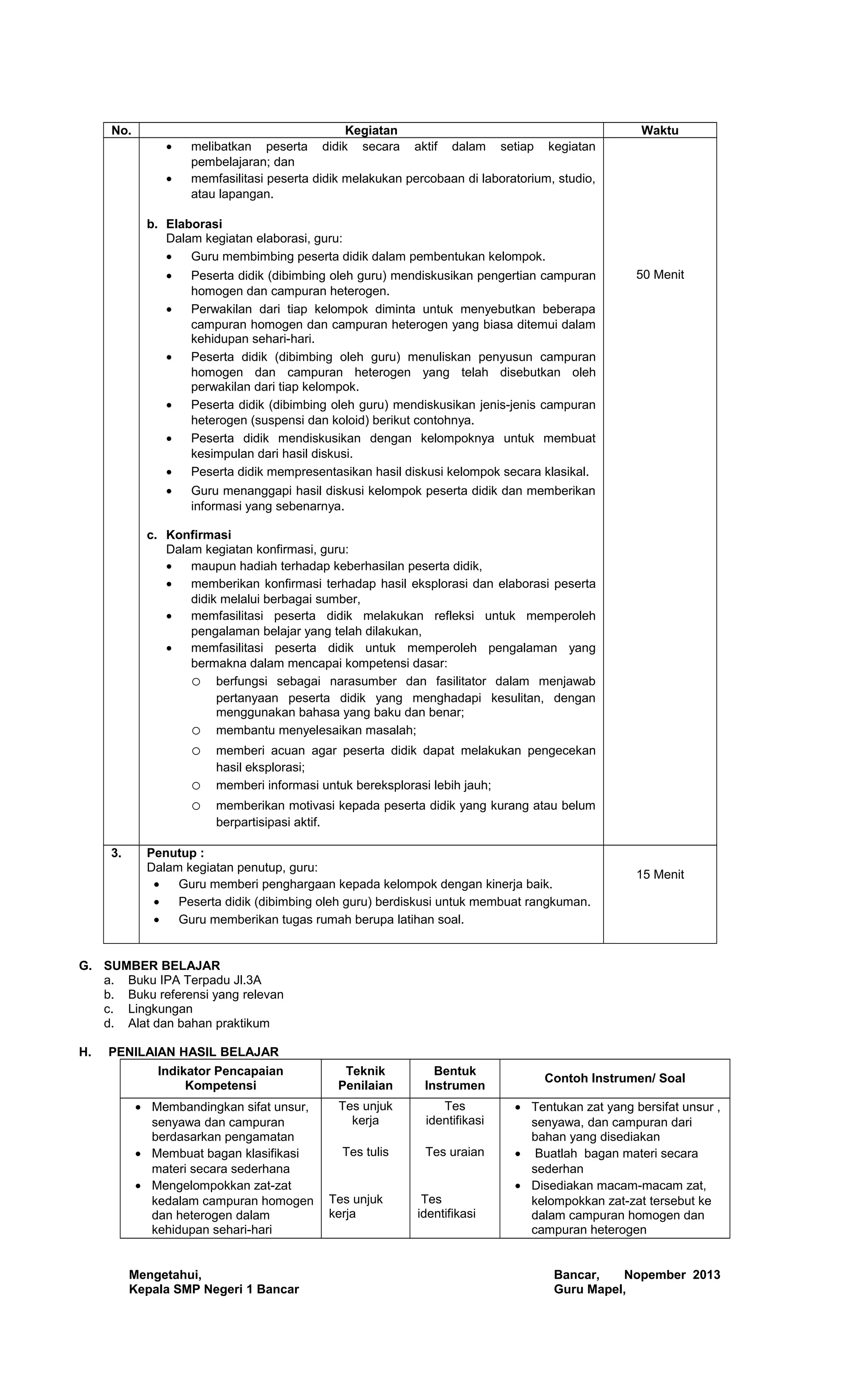Rpp IPA - Fisika- SMP Kelas 7 Semester 1 K.D-2.4 membandingkan sifat unsur, senyawa, dan ...