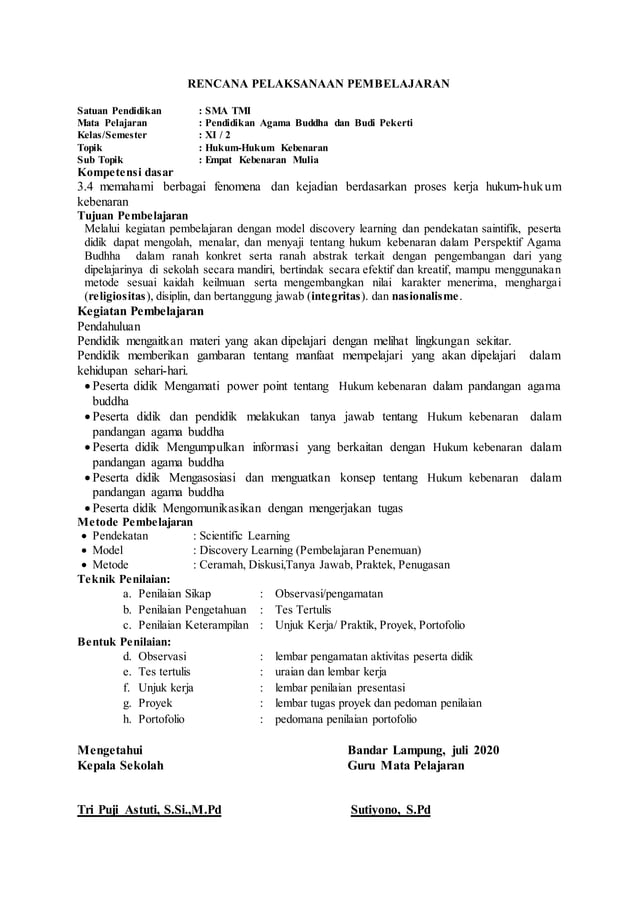 Rpp 2.9 empat kebenaran mulia kelas xi sma tmi | PDF