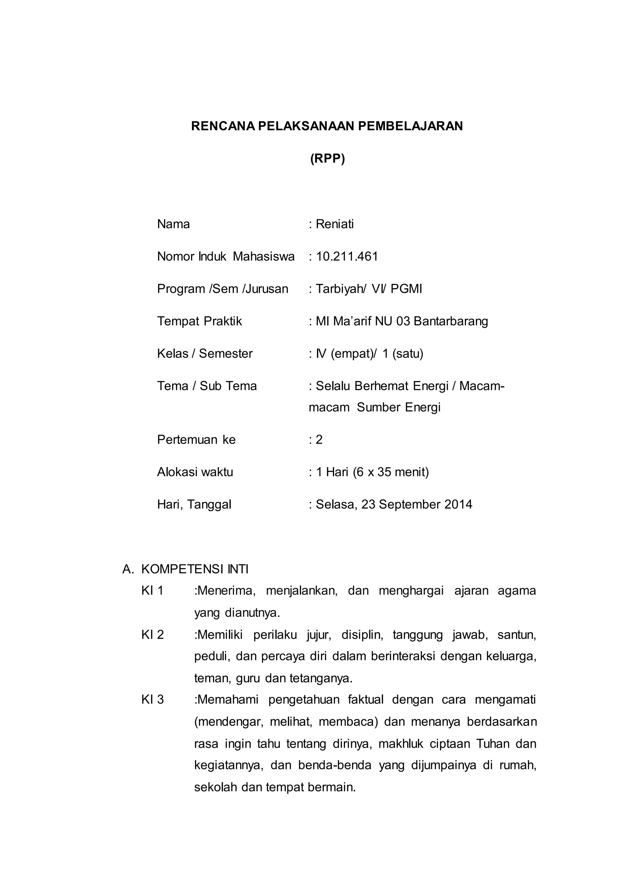 contoh Rpp 2013 kelas IV tema Selalu berhemat energi | DOCX