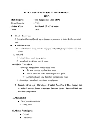Contoh RPP MATA PELAJARAN IPA KELAS IV SD | PDF