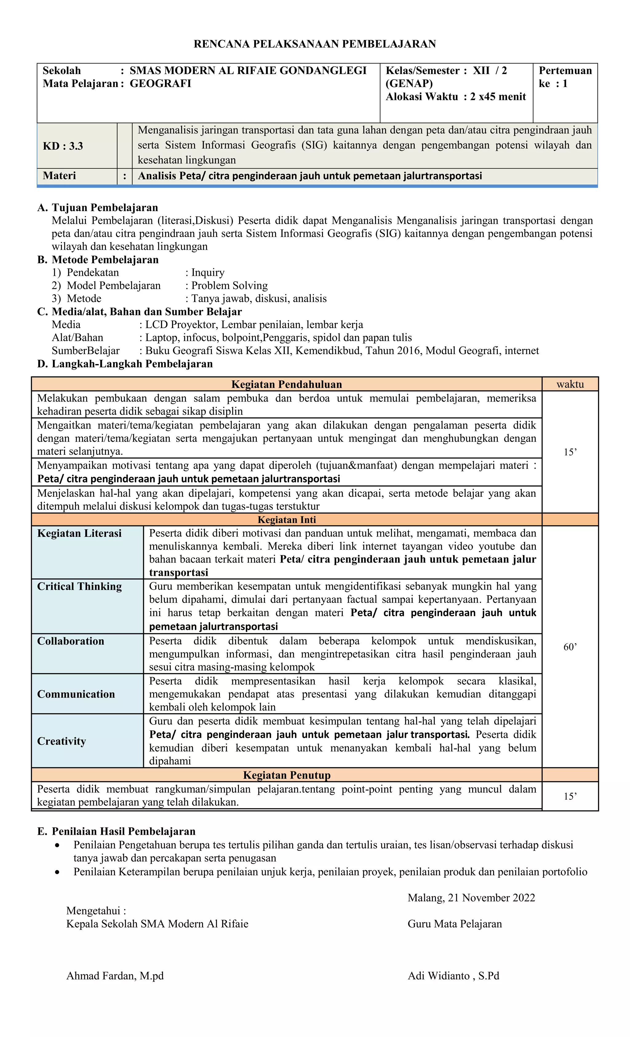 RPP 3.3. Pemanfaatan Peta, Penginderaan Jauh dan SIG ( pemanfaatan citra PJ untuk tata guna ...