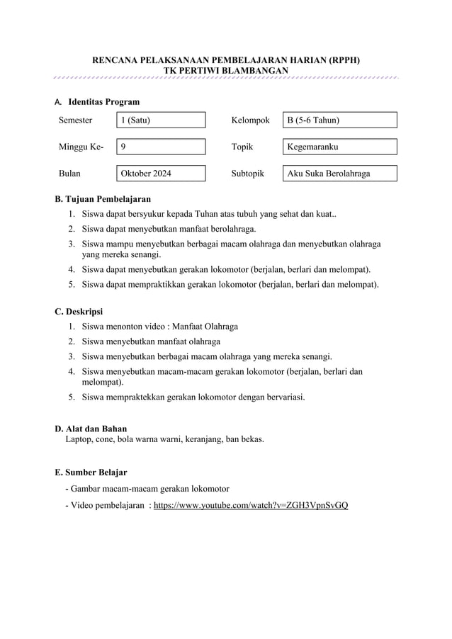 Contoh RPP TK B Topik Kegemaranku Sub topik Aku Suka Berolahraga | PDF