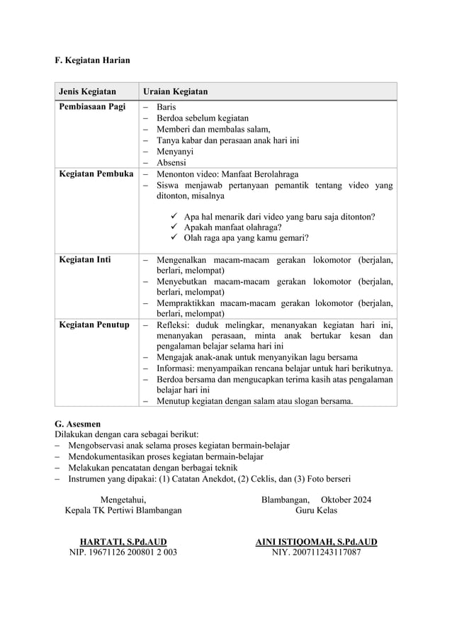 Contoh RPP TK B Topik Kegemaranku Sub topik Aku Suka Berolahraga | PDF