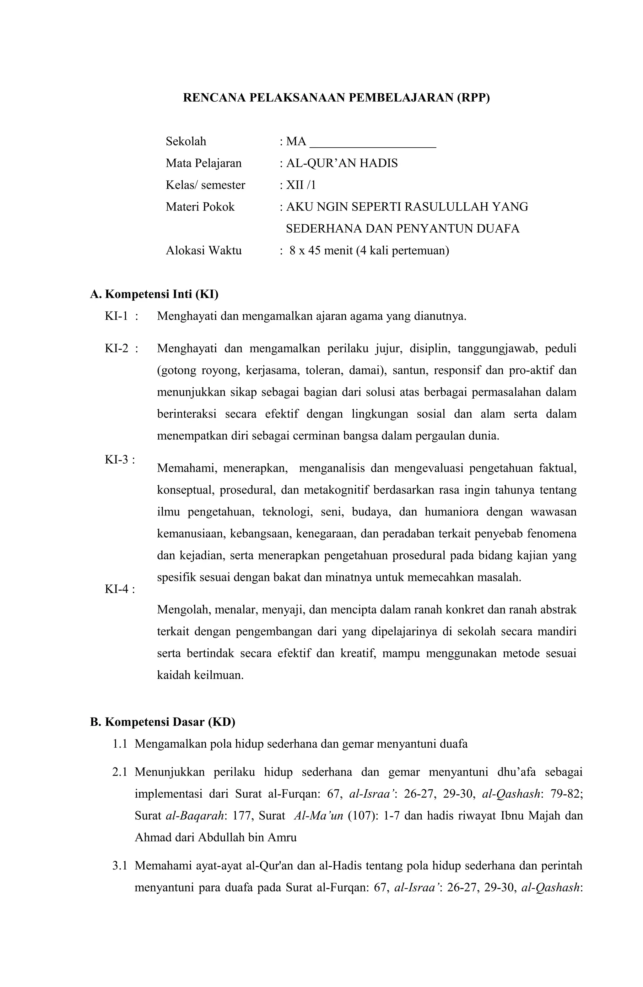 Rpp Al-Qur'an Hadis Kelas 12 Kurikulum 2013 | DOC