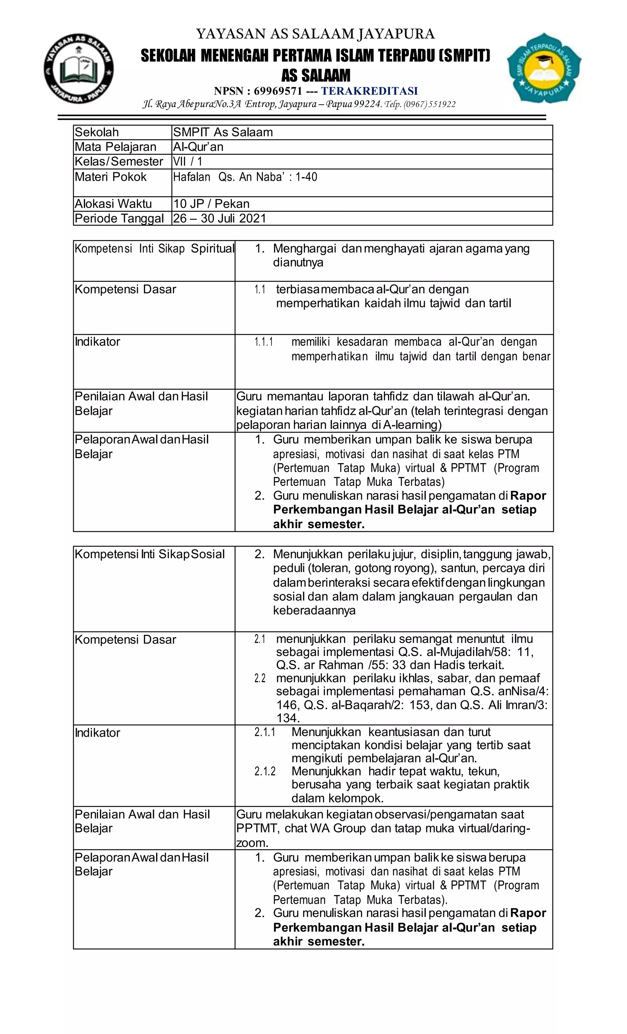 Rpp al qur'an kls 7 | PDF