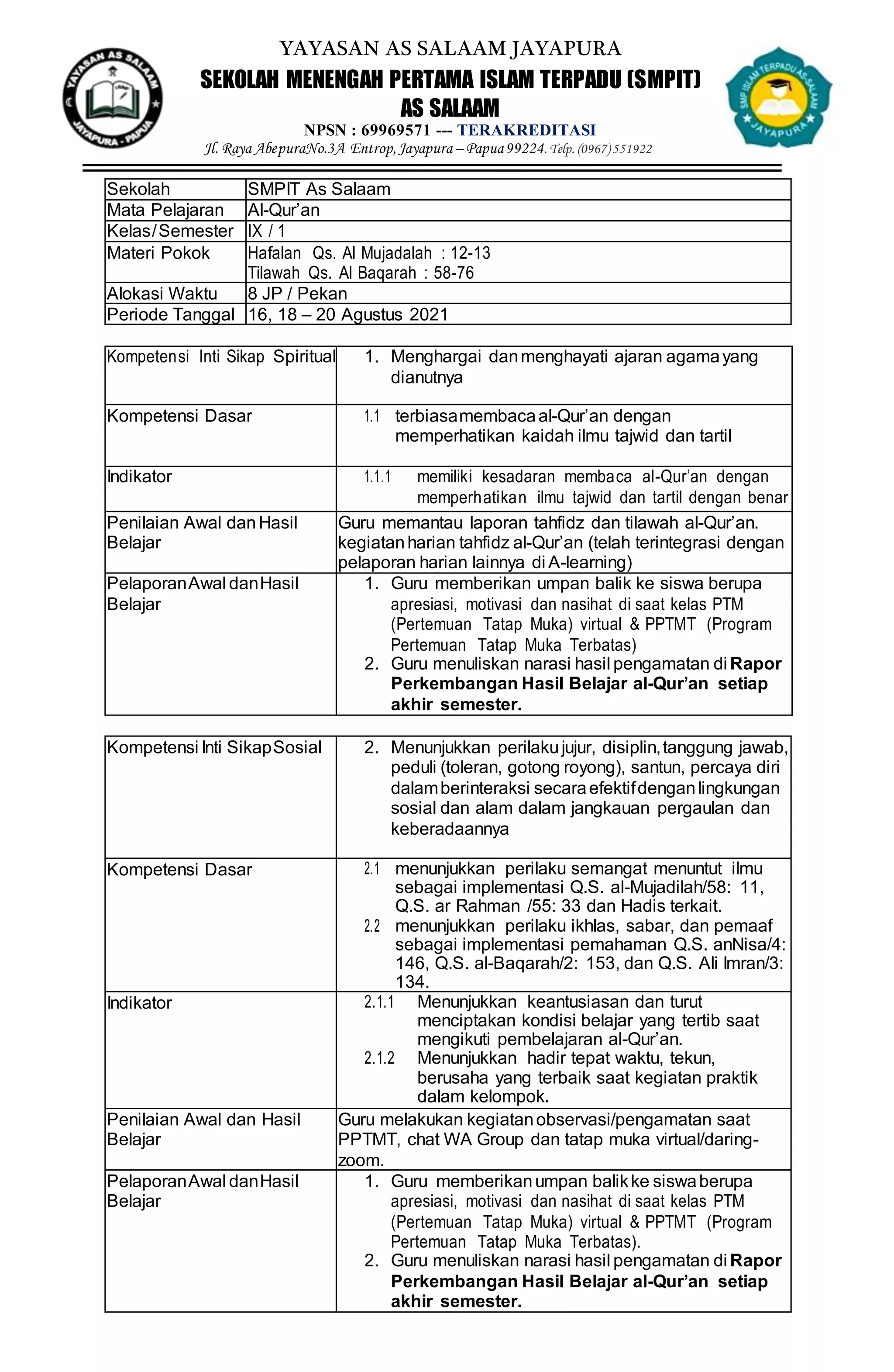 Rpp al qur'an_kls_9_(pekan_3) | DOCX