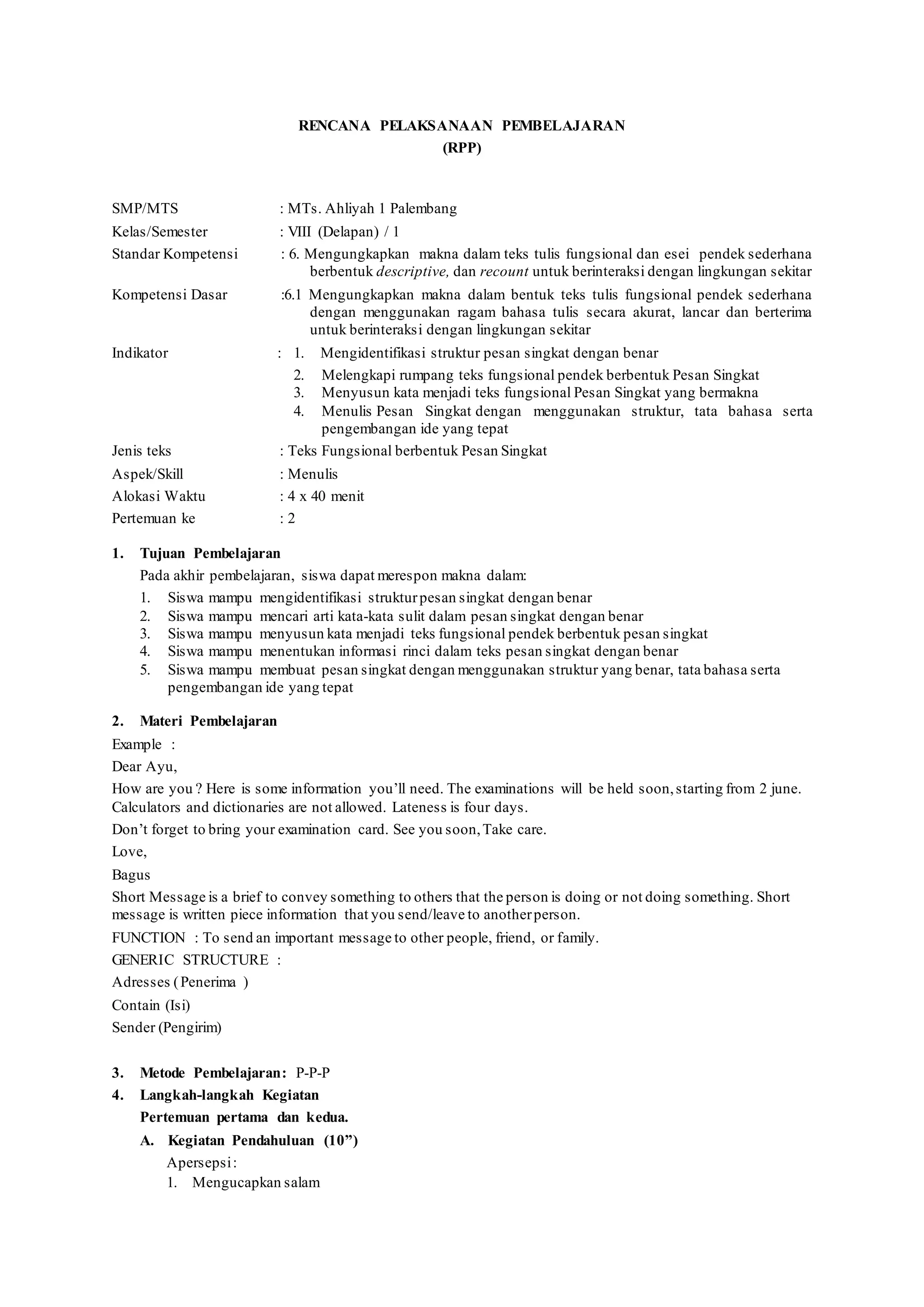 RPP Bahasa Inggris SMP | PDF