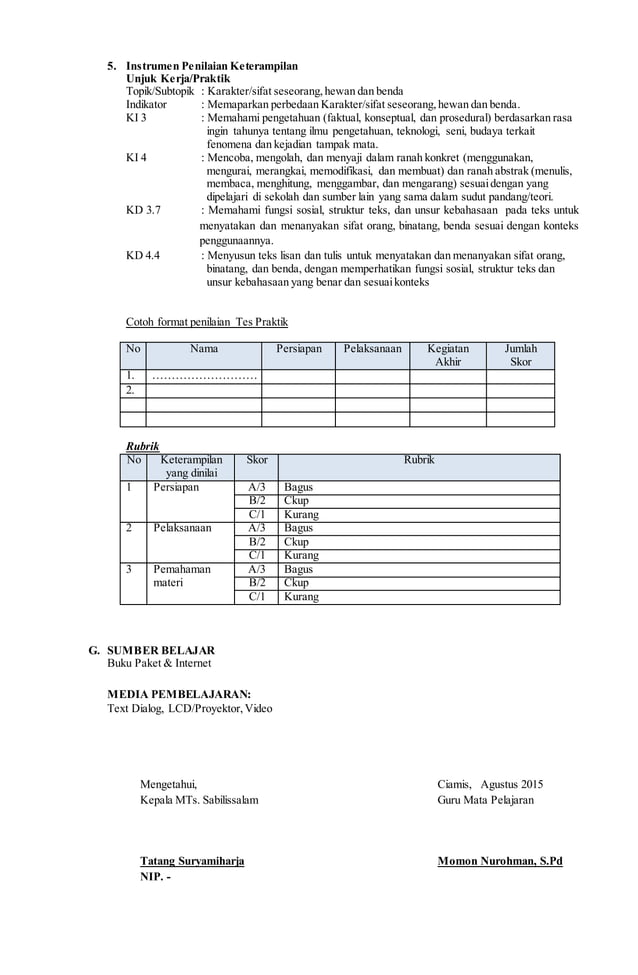 Rpp b. inggris kls 7 model pbl | DOCX