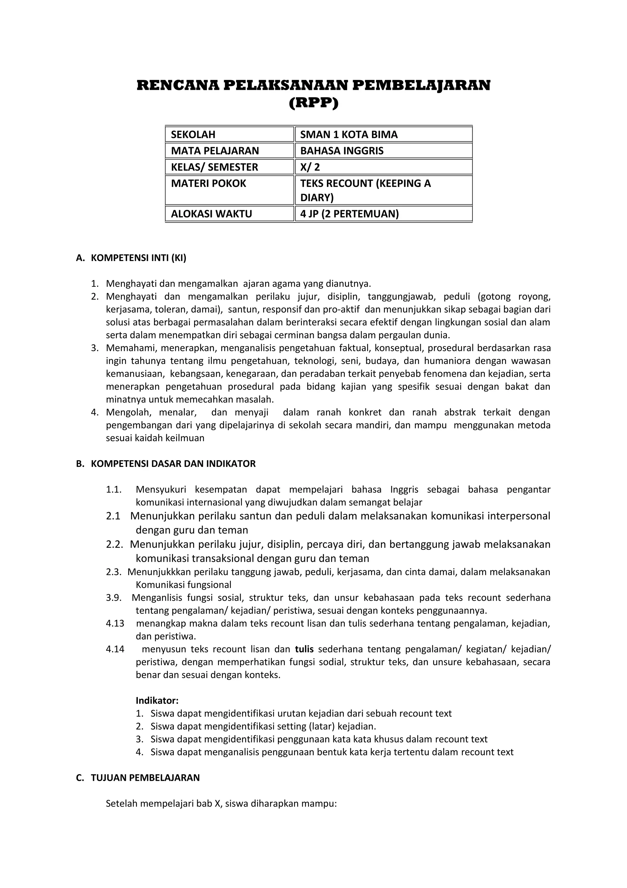 Rpp b. inggris sma smt 2 kelas x | DOC