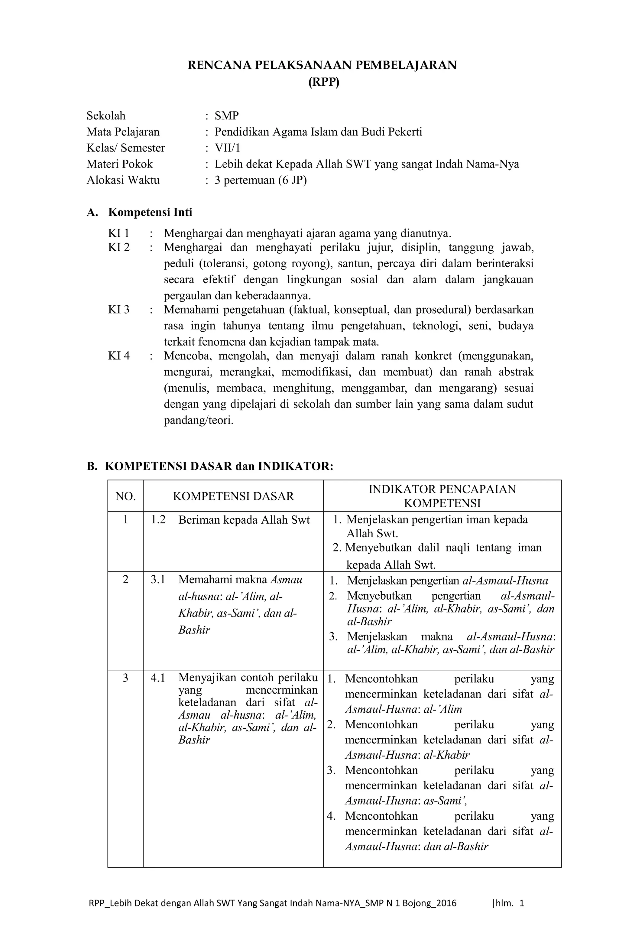 Rpp bab 3 (asmaul husna) | PDF