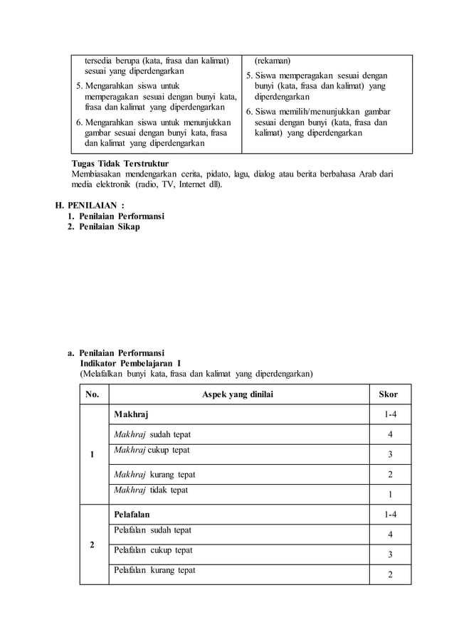 Rpp Bahasa Arab MTs kelas 7 Edisi Revisi | PDF