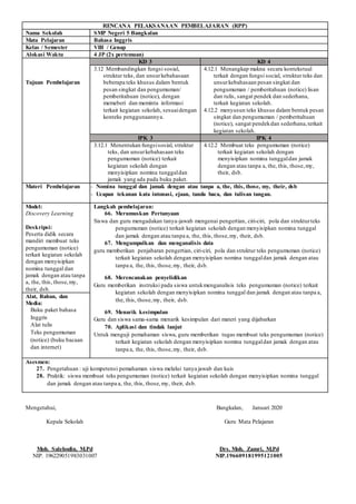 Rpp bahasa inggris kelas 8 semester genap 1 lembar | DOCX