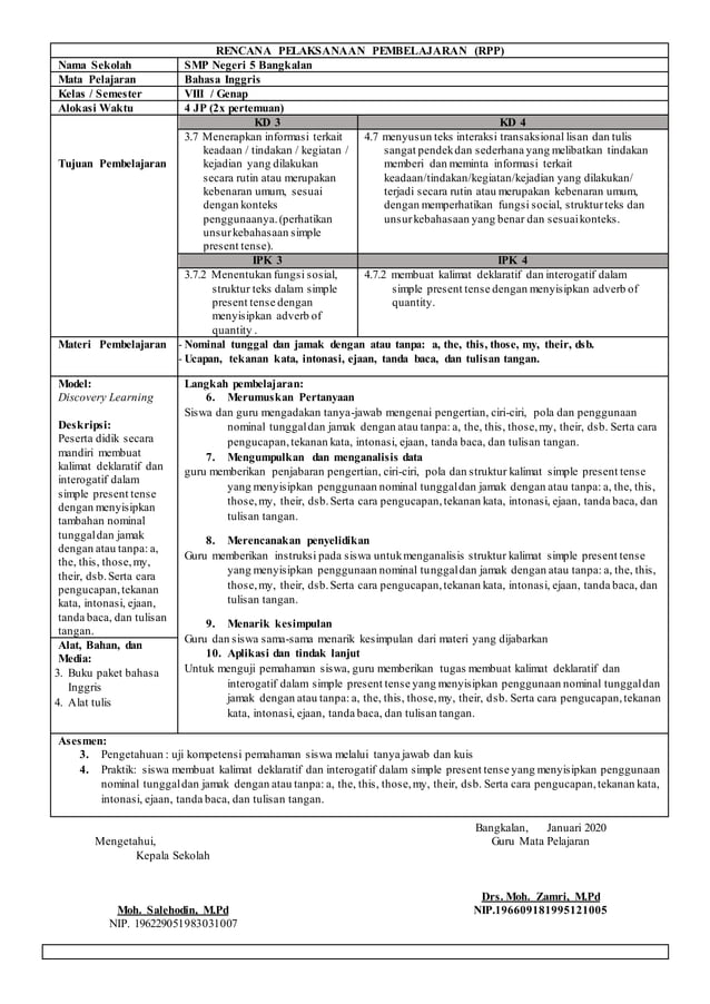 Rpp bahasa inggris kelas 8 semester genap 1 lembar | PDF