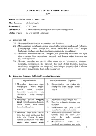 Rpp Bahasa Inggris SMP kelas VII warning and short notice | DOCX