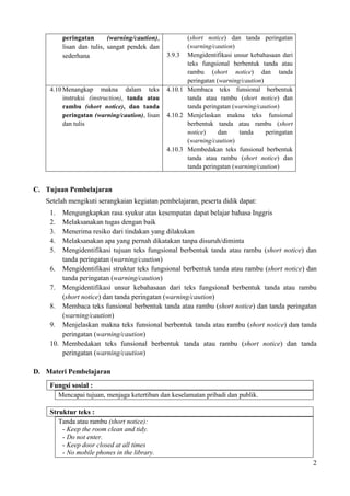 Rpp Bahasa Inggris SMP kelas VII warning and short notice | DOCX
