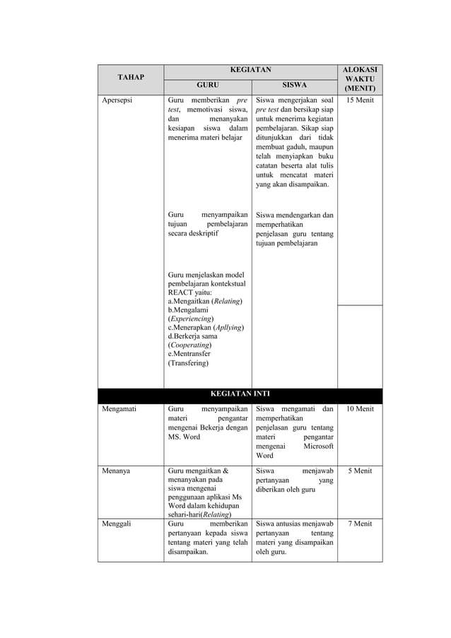 Rpp bekerja dengan ms word | DOC