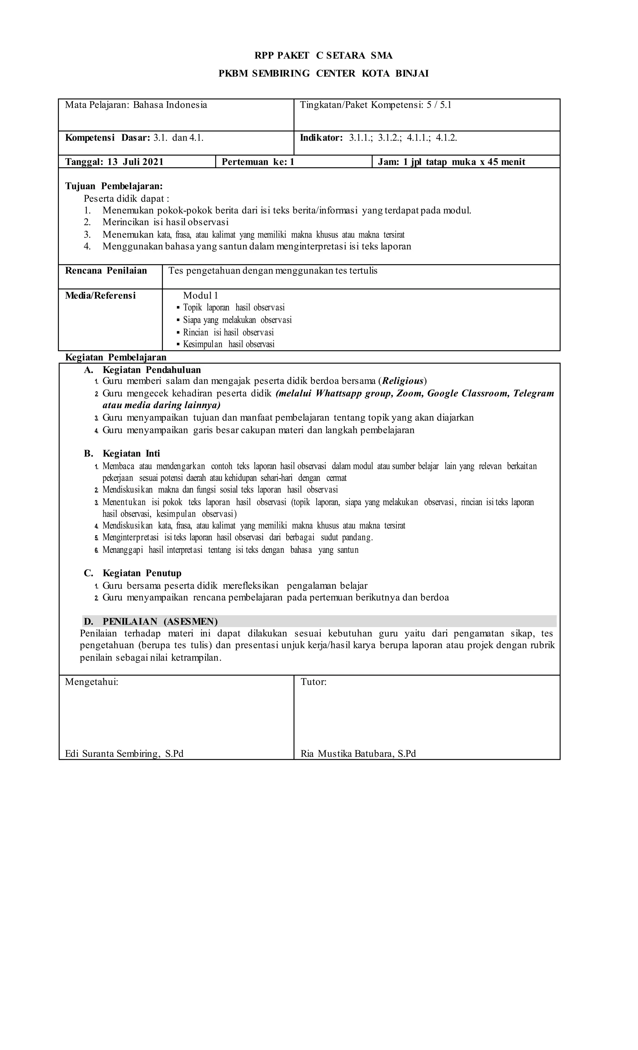 Rpp bhs indonesia ria mustika | PDF