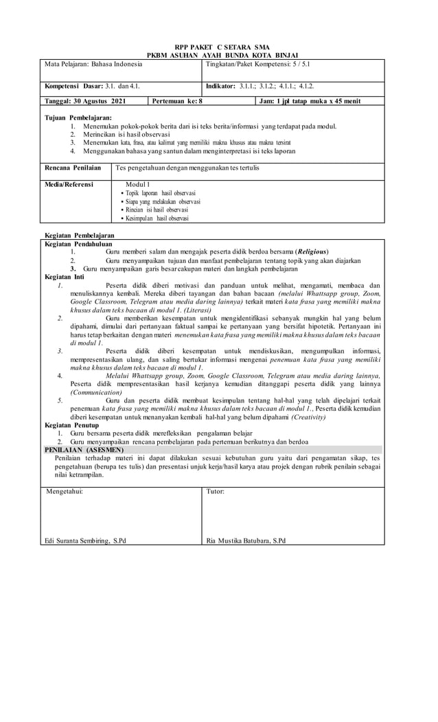 Rpp bhs indonesia ria mustika | PDF